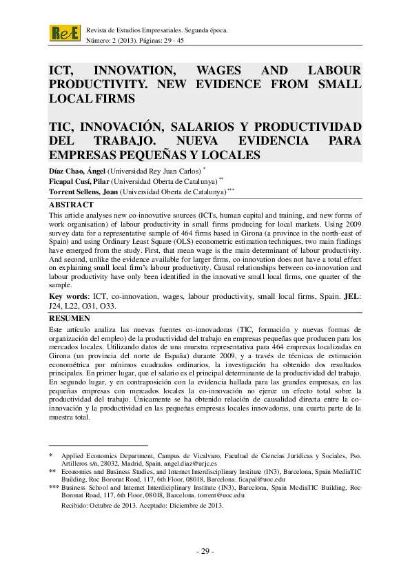 (PDF) ICT, innovation, wages and labour productivity. New evidence from small local firms
