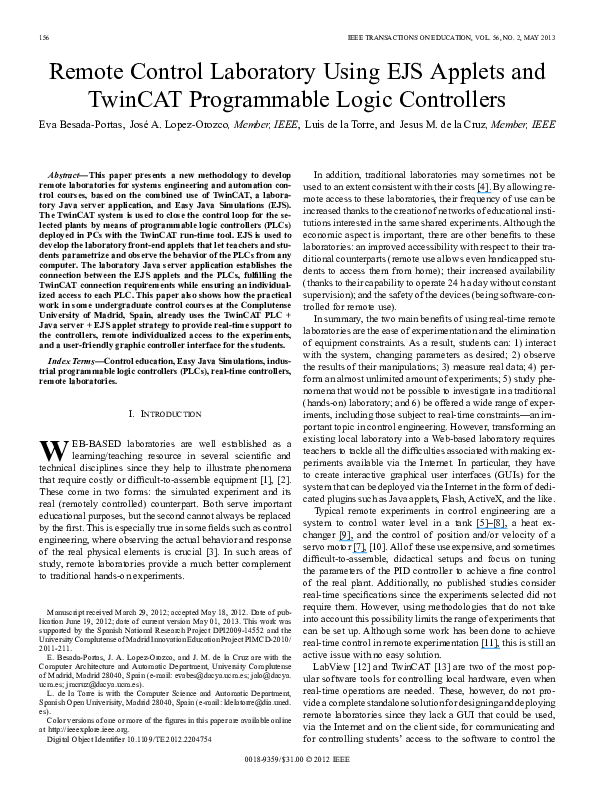 (PDF) Remote Control Laboratory Using EJS Applets and TwinCAT Programmable Logic Controllers