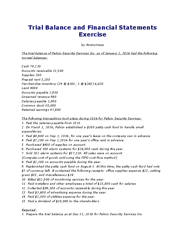 (DOC) Trial Balance and Financial Statements Exercise