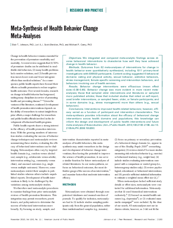 (PDF) Meta-Synthesis of Health Behavior Change Meta-Analyses