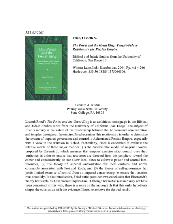(PDF) Review of Lisbeth Fried, The Priest and the Great King: Temple ...