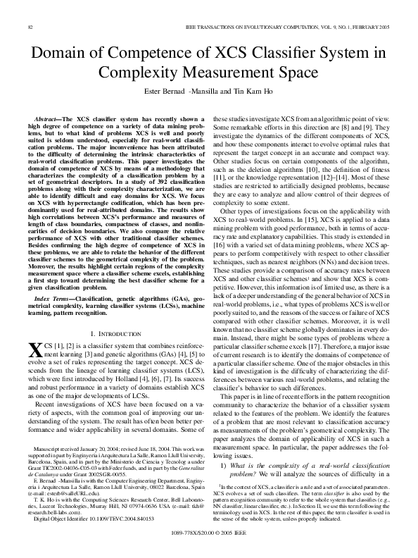 (PDF) Domain of competence of XCS classifier system in complexity measurement space