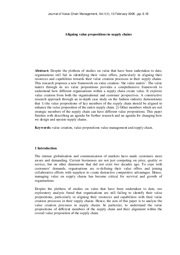 (PDF) Aligning value propositions in supply chains