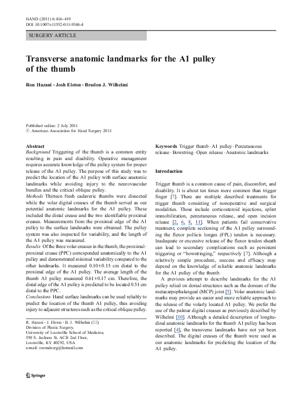 (PDF) Transverse anatomic landmarks for the A1 pulley of the thumb