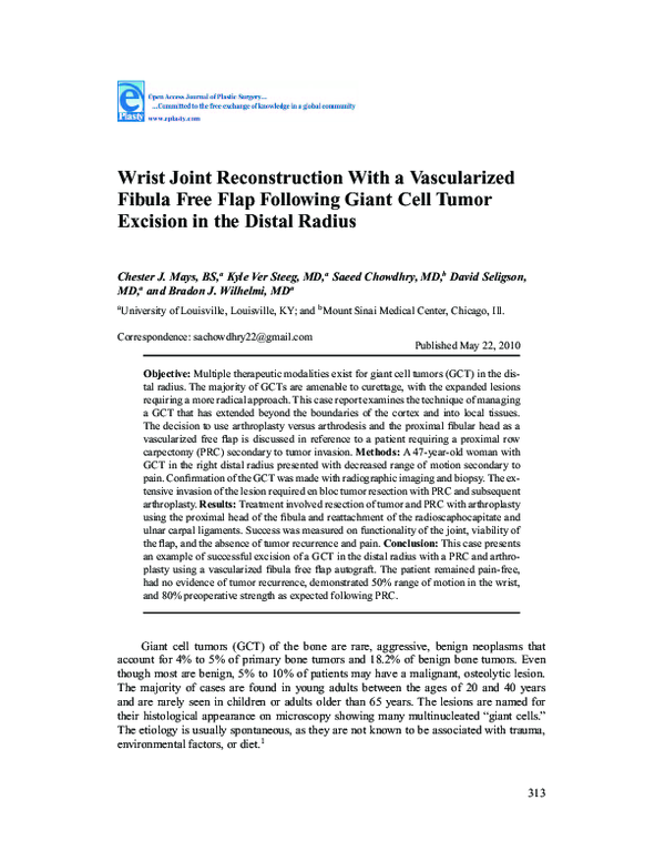 (PDF) Wrist Joint Reconstruction With a Vascularized Fibula Free Flap ...