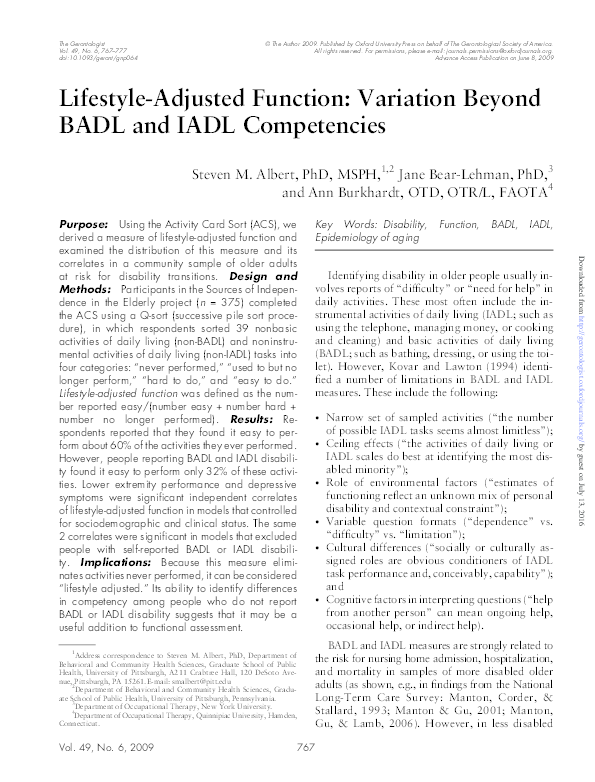 (PDF) Lifestyle-Adjusted Function: Variation Beyond BADL and IADL ...