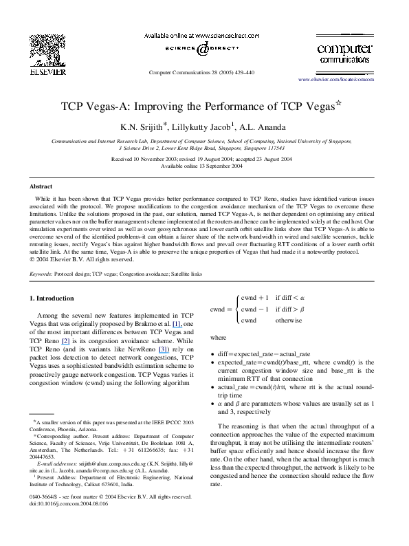 (PDF) TCP Vegas-A: Improving the Performance of TCP Vegas