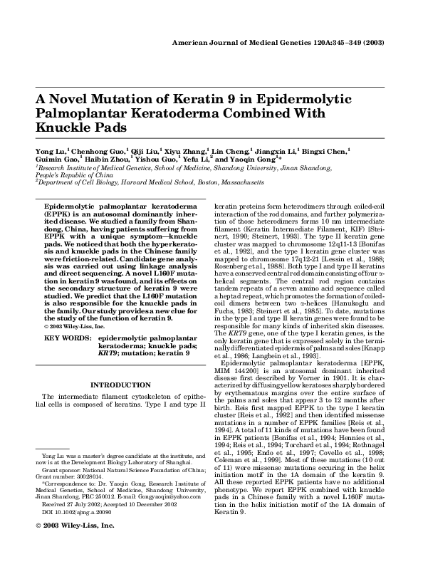 Pdf A Novel Mutation Of Keratin 9 In Epidermolytic Palmoplantar Keratoderma Combined With