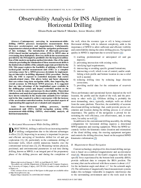 (PDF) Observability Analysis for INS Alignment in Horizontal Drilling