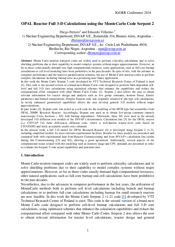 (PDF) OPAL Reactor Full 3-D Calculations using the MonteCarlo Code ...