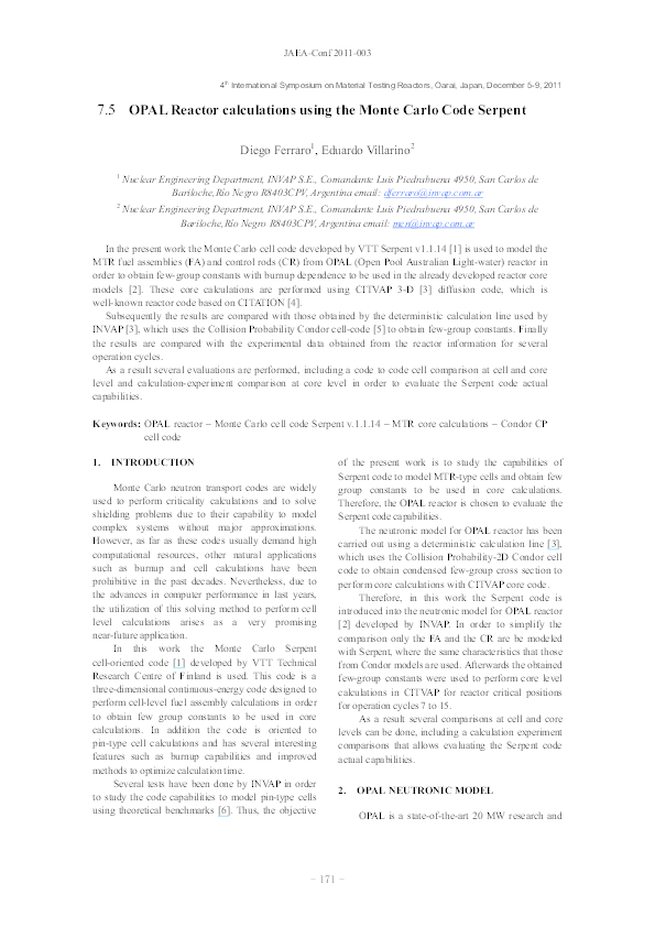 (PDF) OPAL Reactor calculations using the Monte Carlo Code Serpent