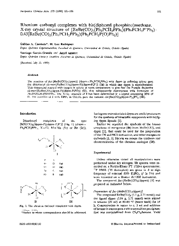 (PDF) Rhenium carbonyl complexes with bis(diphenyl phosphino)methane. X-ray crystal structure of ...