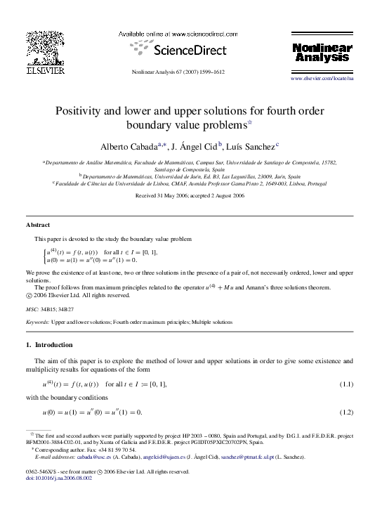 Pdf Positivity And Lower And Upper Solutions For Fourth Order Boundary Value Problems