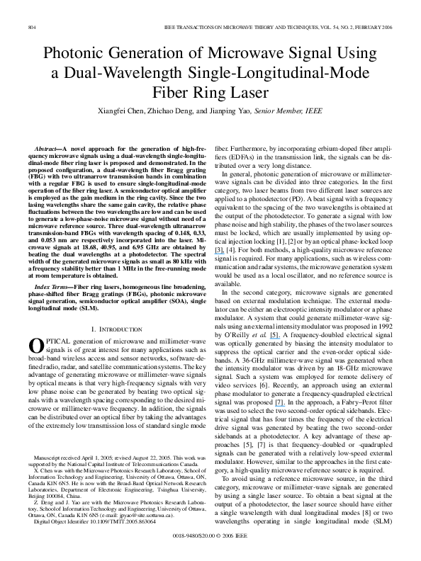 (PDF) Photonic generation of microwave signal using a dual-wavelength ...