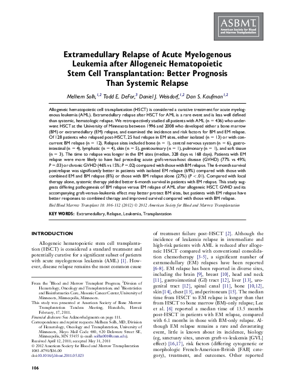 (PDF) Central Nervous System Relapse of Leukemia after Allogeneic Hematopoietic Stem Cell ...