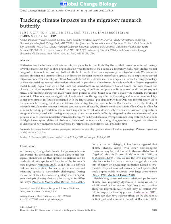 (PDF) Tracking climate impacts on the migratory monarch butterfly
