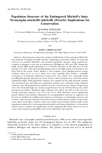 (PDF) Population Structure of the Endangered Mitchell's Satyr ...