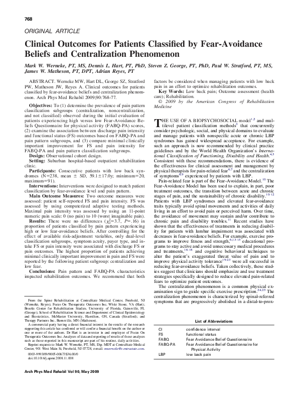 (PDF) Clinical Outcomes for Patients Classified by Fear-Avoidance ...