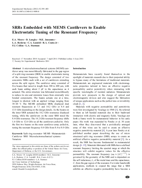 (PDF) SRRs Embedded with MEMS Cantilevers to Enable Electrostatic Tuning of the Resonant Frequency