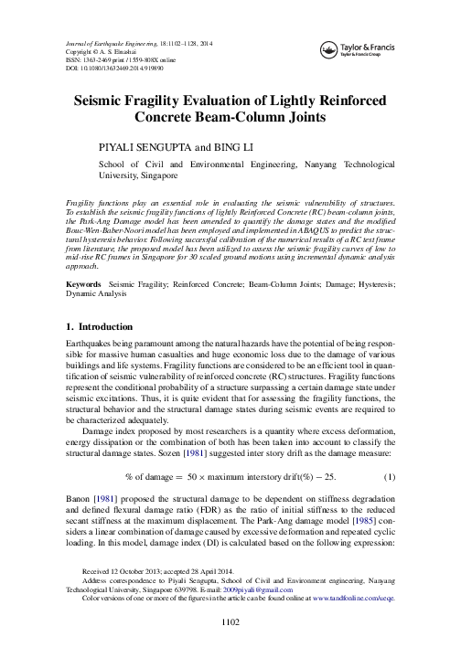 (PDF) Seismic Fragility Evaluation of Lightly Reinforced Concrete Beam-Column Joints