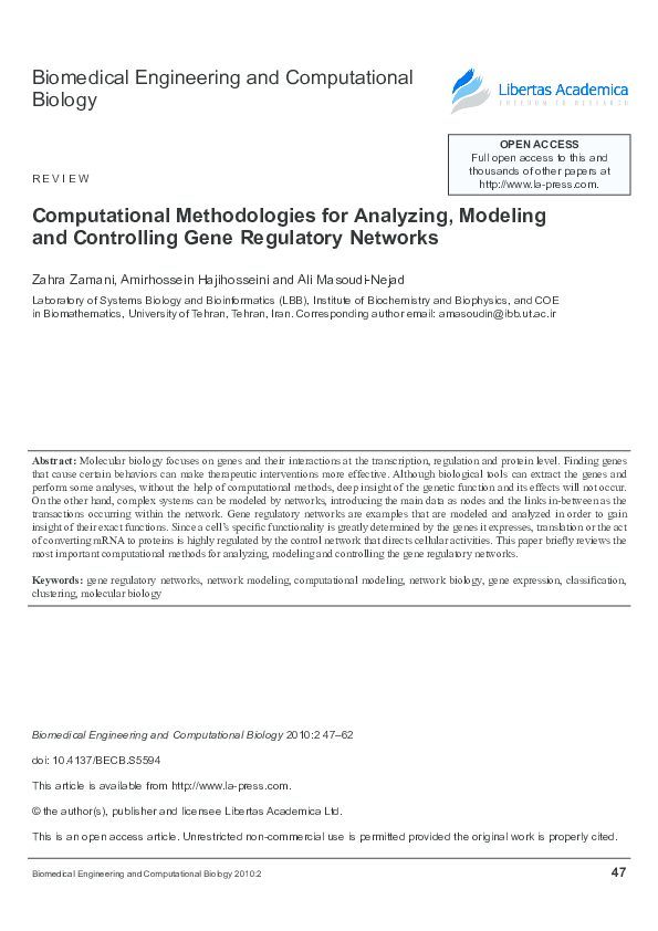 (PDF) Computational Methodologies for Analyzing, Modeling and Controlling Gene Regulatory Networks