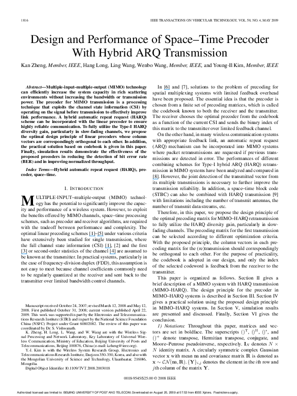 Pdf Design And Performance Of Spacetime Precoder With Hybrid Arq Transmission