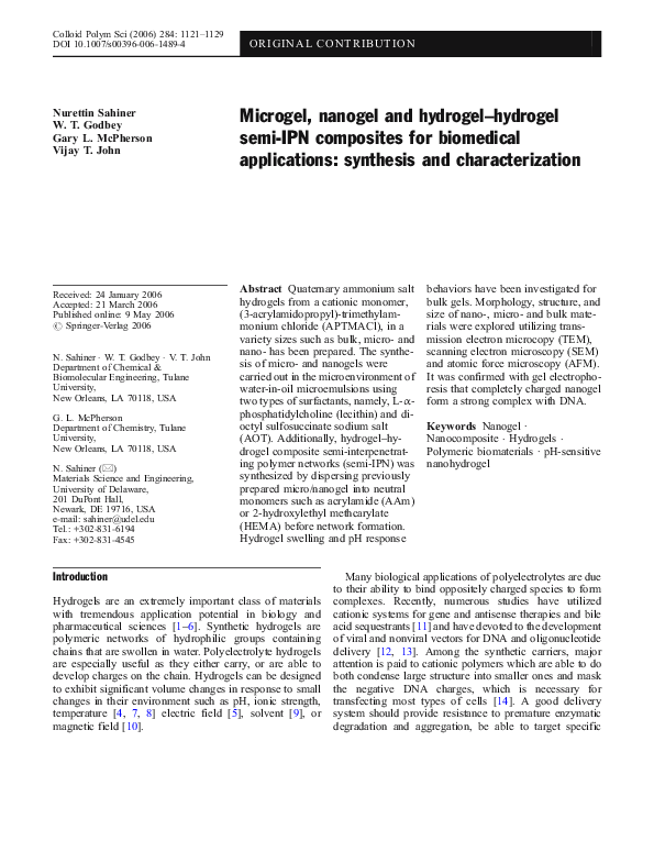 (PDF) Microgel, nanogel and hydrogel–hydrogel semi-IPN composites for ...