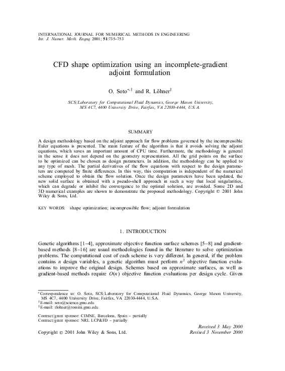 (PDF) CFD optimization using an incomplete-gradient adjoint formulation