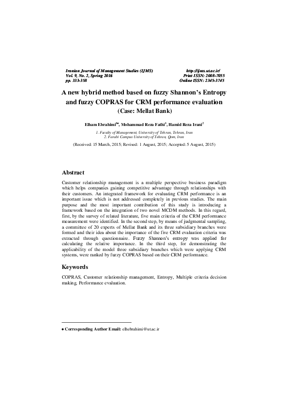 Pdf A New Hybrid Method Based On Fuzzy Shannons Entropy And Fuzzy Copras For Crm Performance