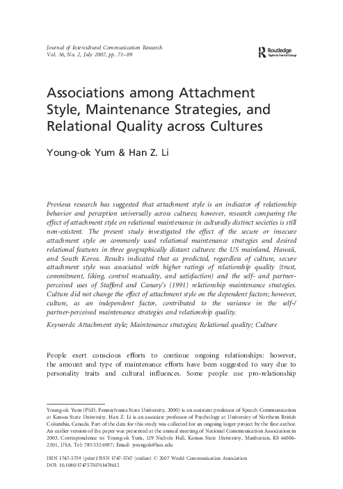 (PDF) Associations among Attachment Style, Maintenance Strategies, and ...