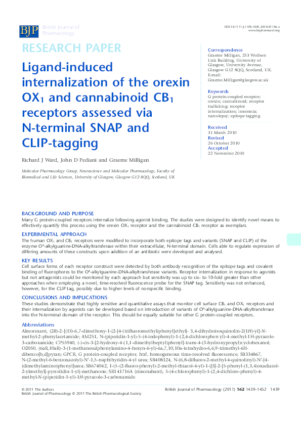 (PDF) Ligand-induced internalization of the orexin OX1 and cannabinoid ...