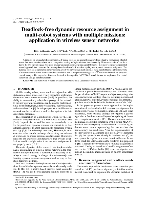 (PDF) Deadlock-free dynamic resource assignment in multi-robot systems with multiple missions ...