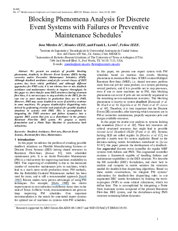 (PDF) Blocking Phenomena Analysis for Discrete Event Systems with Failures and/or Preventive ...