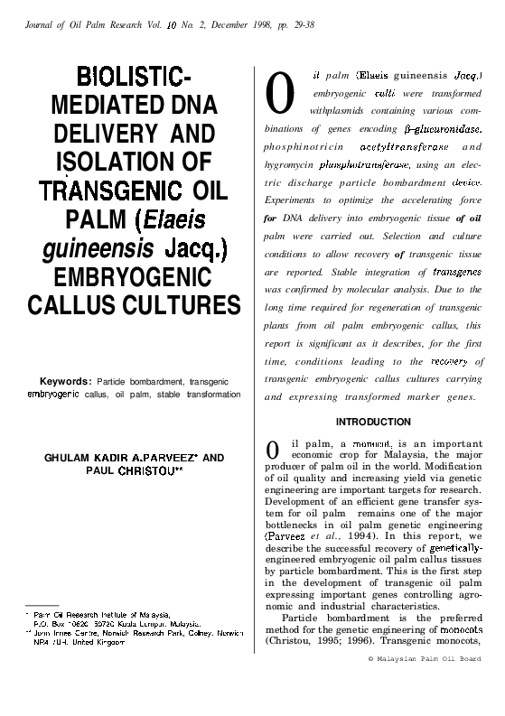 (PDF) Biolistic-mediated DNA delivery and isolation of transgenic oil ...