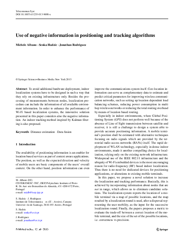 (PDF) Use of negative information in positioning and tracking algorithms