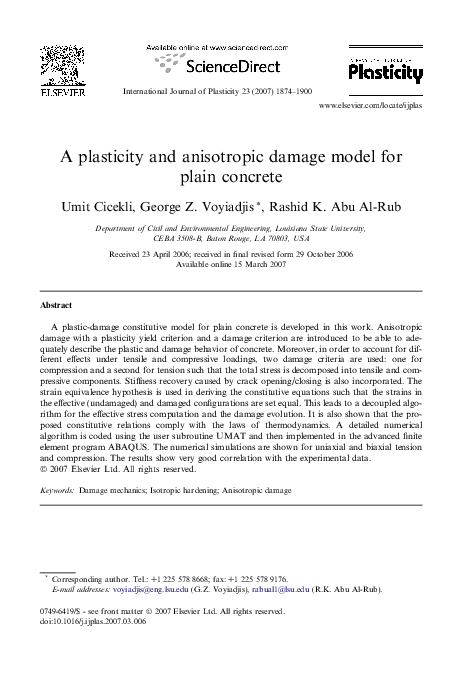 (PDF) A plasticity and anisotropic damage model for plain concrete