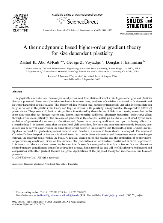 (PDF) A thermodynamic based higher-order gradient theory for size dependent plasticity