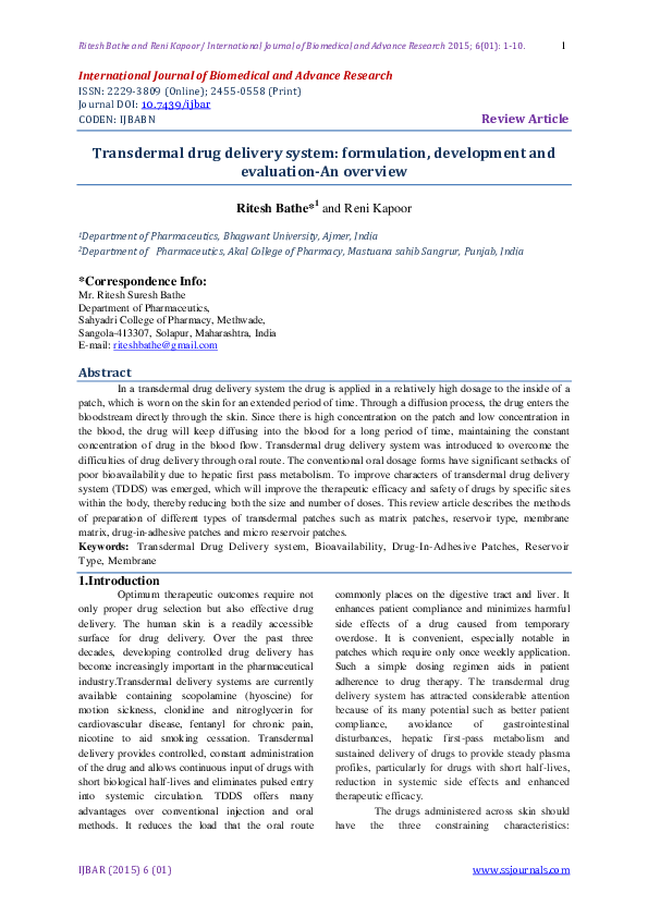 (PDF) Transdermal Drug Delivery System: formulation, development and evaluation-An overview