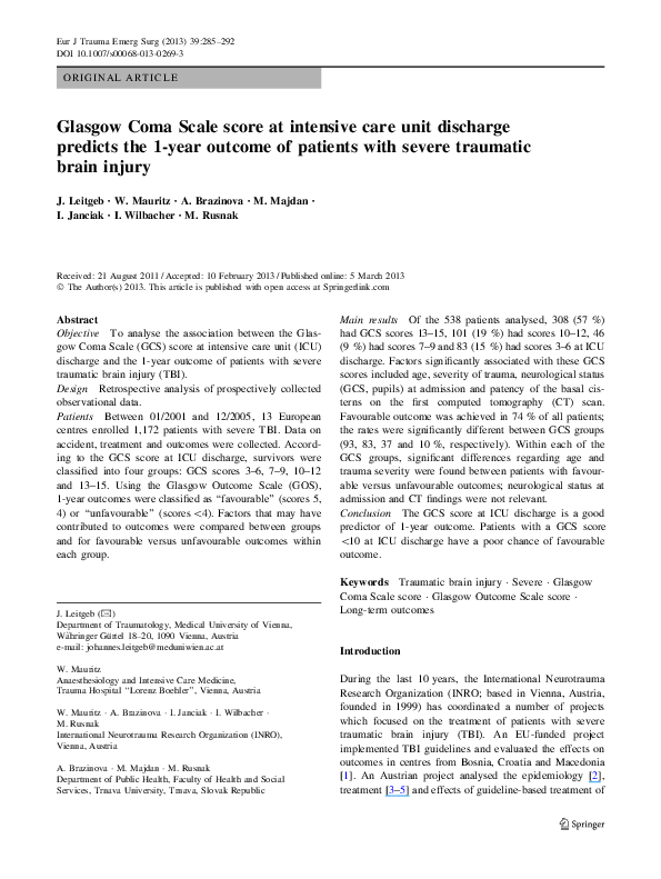(PDF) Glasgow Coma Scale score at intensive care unit discharge predicts the 1-year outcome of ...