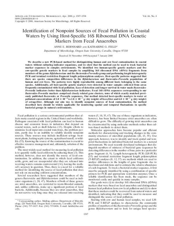 (PDF) Identification of nonpoint sources of fecal pollution in coastal waters by using host ...