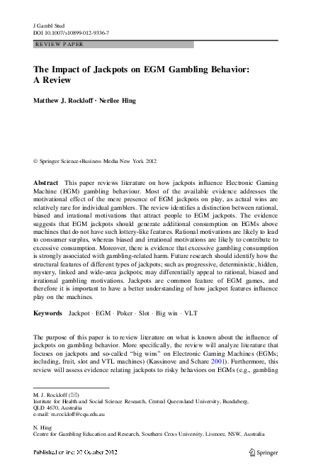 (PDF) The Impact of Jackpots on EGM Gambling Behavior: A Review
