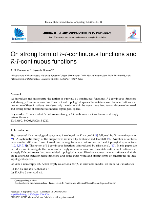 (PDF) On strong form of δ-I-continuous functions and R-I-continuous functions | Prasannan A. R ...
