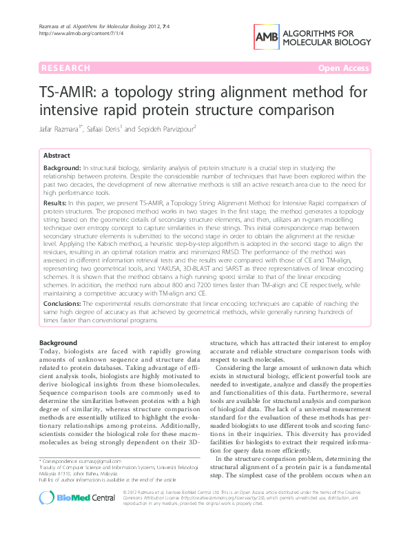 Pdf Ts Amir A Topology String Alignment Method For Intensive Rapid Protein Structure