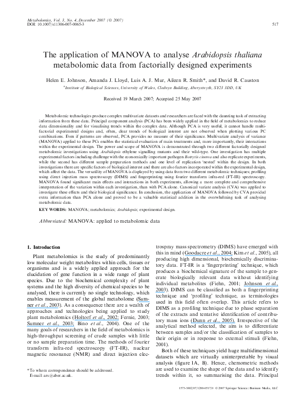 (PDF) The application of multivariate analysis of variance (MANOVA) to evaluate plant ...