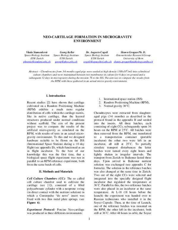 (PDF) Neo-Cartilage Formation in Microgravity Environment