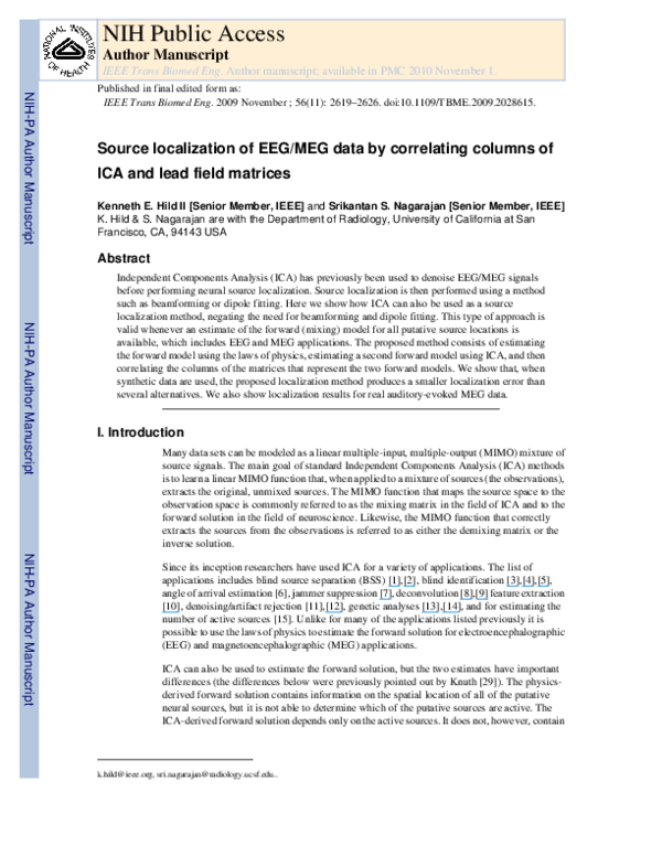 Pdf Source Localization Of Eeg Meg Data By Correlating Columns Of Ica