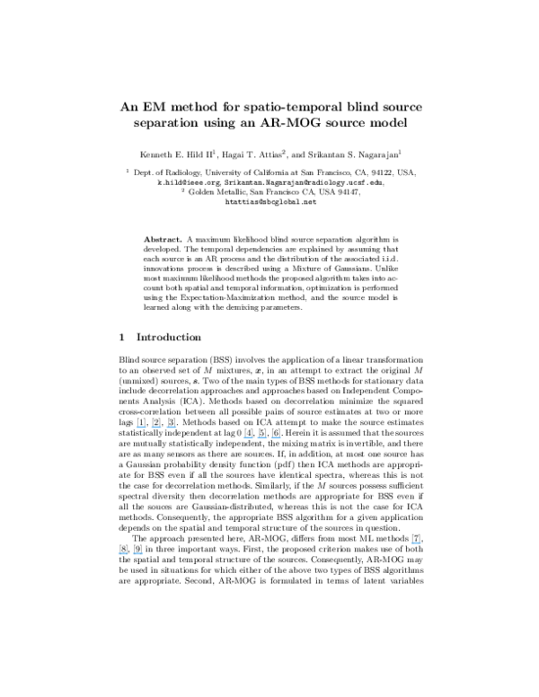 (PDF) An EM Method for Spatio-temporal Blind Source Separation Using an AR-MOG Source Model