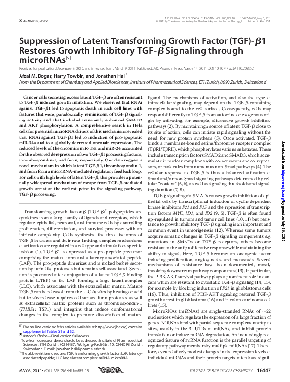 (PDF) Suppression of Latent Transforming Growth Factor (TGF)- 1 Restores Growth Inhibitory TGF ...