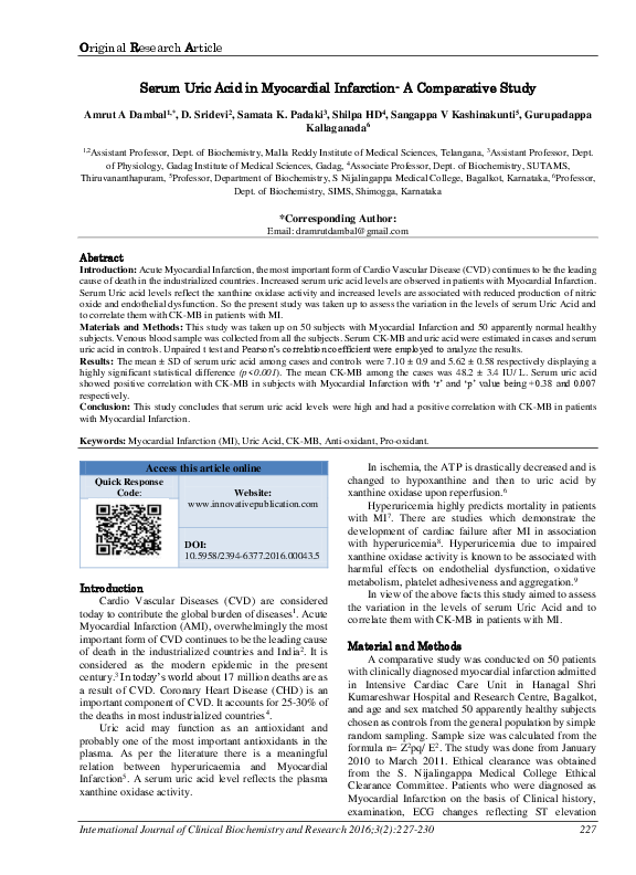 (PDF) Serum Uric Acid in Myocardial Infarction-A Comparative Study