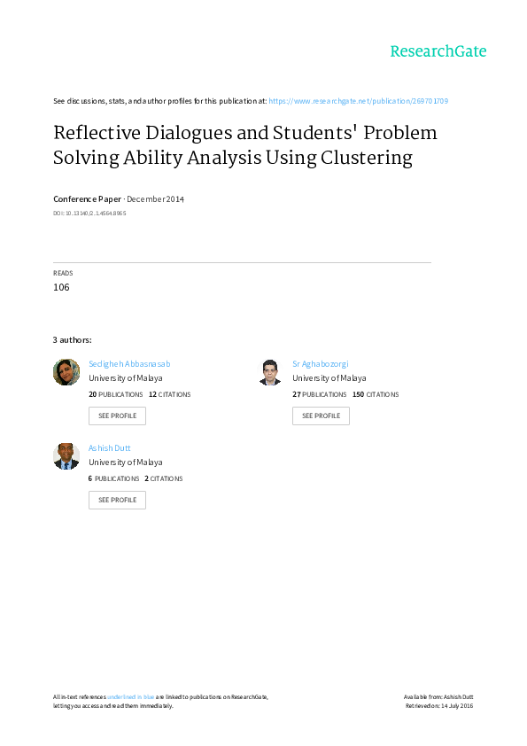 (PDF) Reflective Dialogues and Students' Problem Solving Ability Analysis Using Clustering